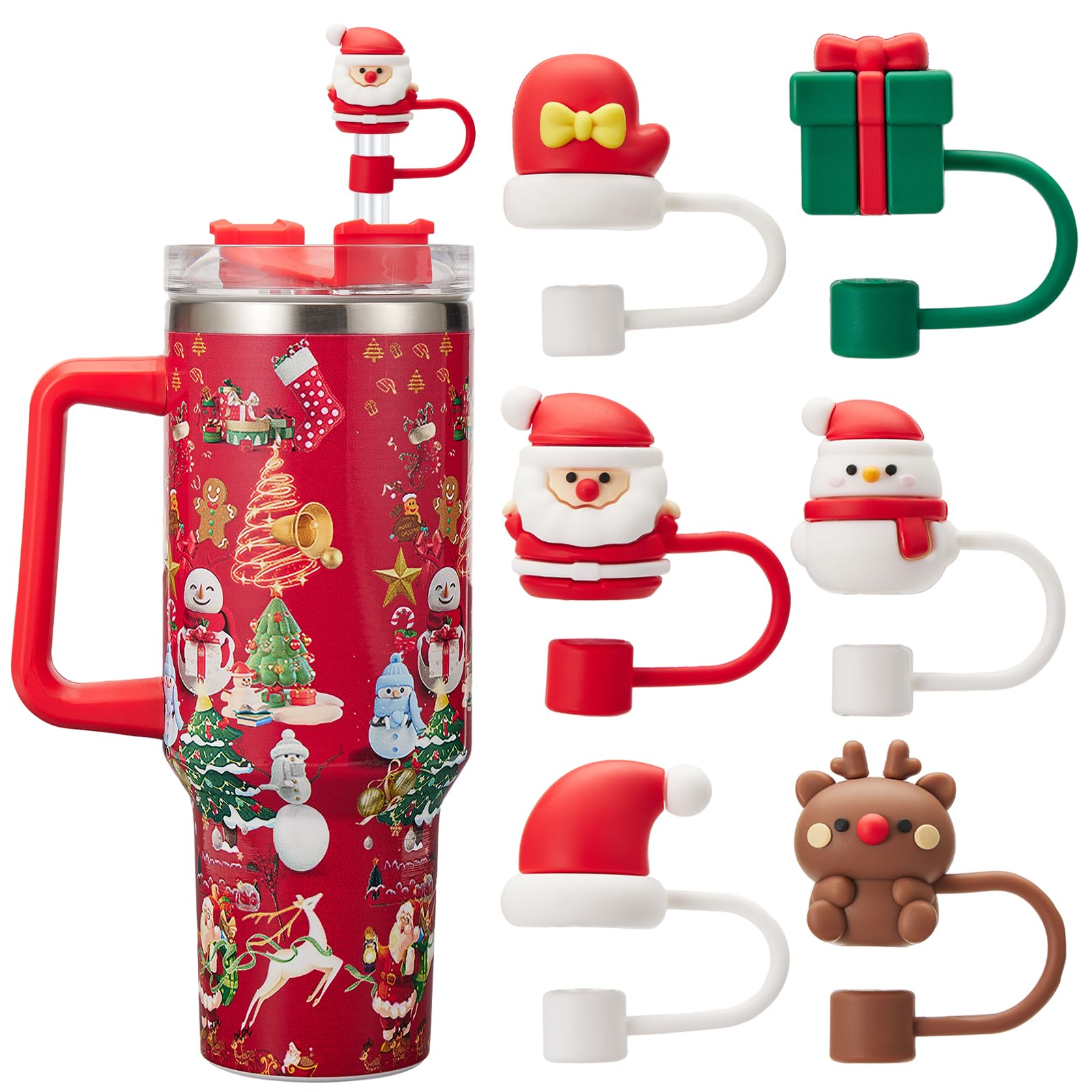 6PCS Christmas Straw Cover Cap for Stanley Cup, Silicone Straw Topper for Stanley 30&40 Oz Tumbler with Handle, 10mm Drinking Straw Tip Covers for Christmas Gifts. (Color 1)