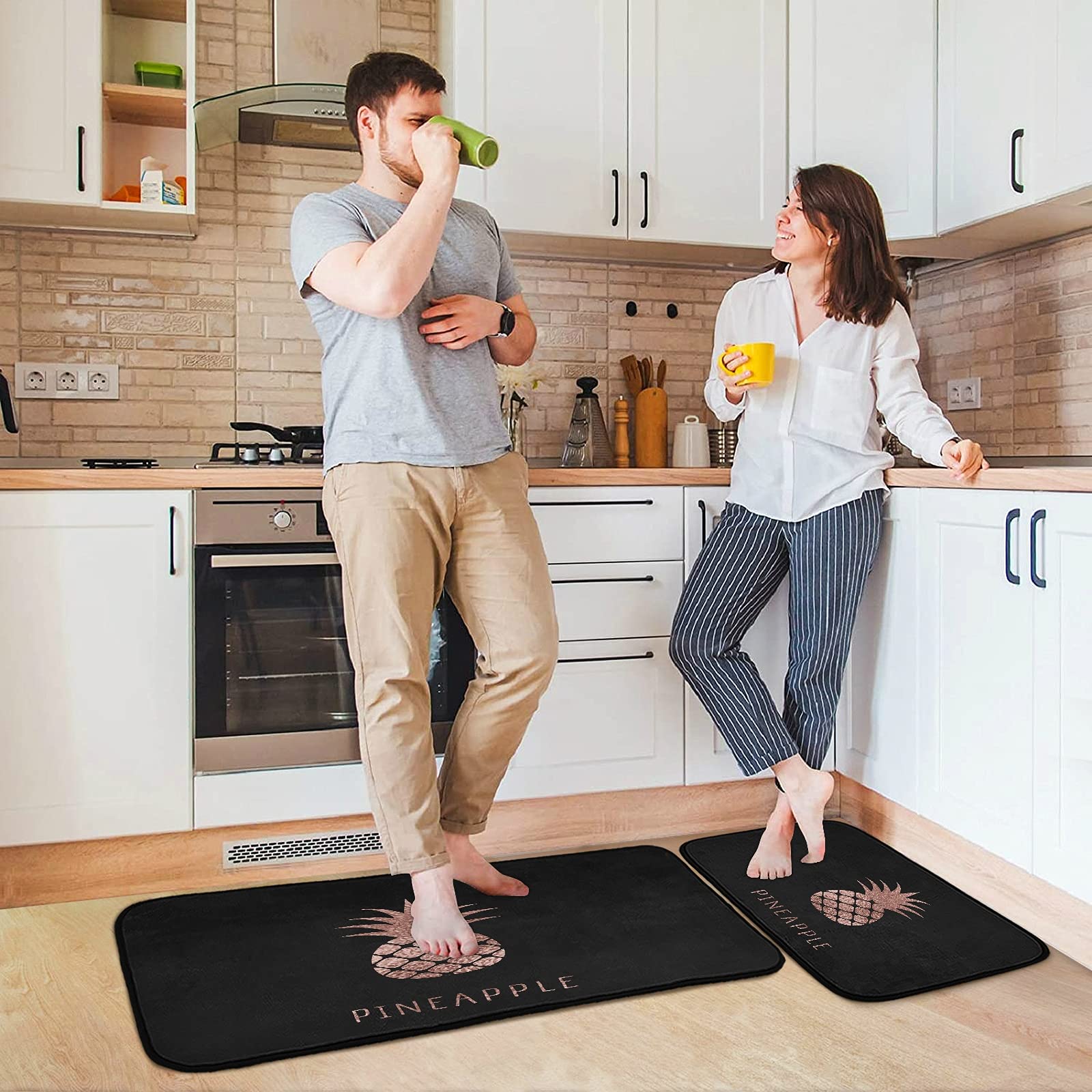 ALAZA Rose Gold Pineapple Black 2 Piece Kitchen Rug Floor Mat Set Runner Rugs Non-Slip for Kitchen Laundry Office 20" x 28" + 20" x 48"
