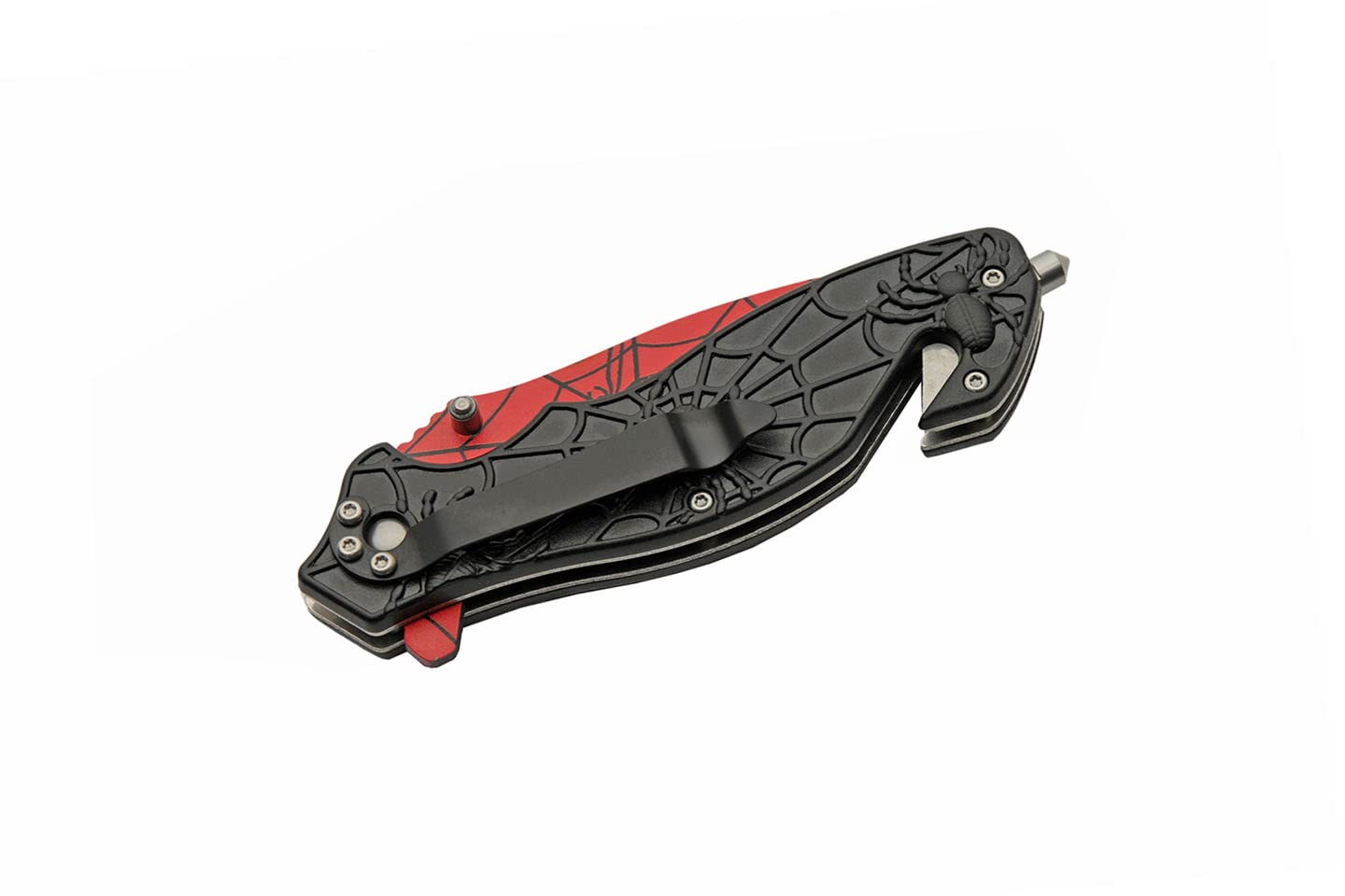 8β Red Spiderweb Assisted Open Pocket Folding Edc Knife Red Stainless Steel Clip Point Blade With Spider Web Print Red Aluminum Handle With Green Jewel Inlay