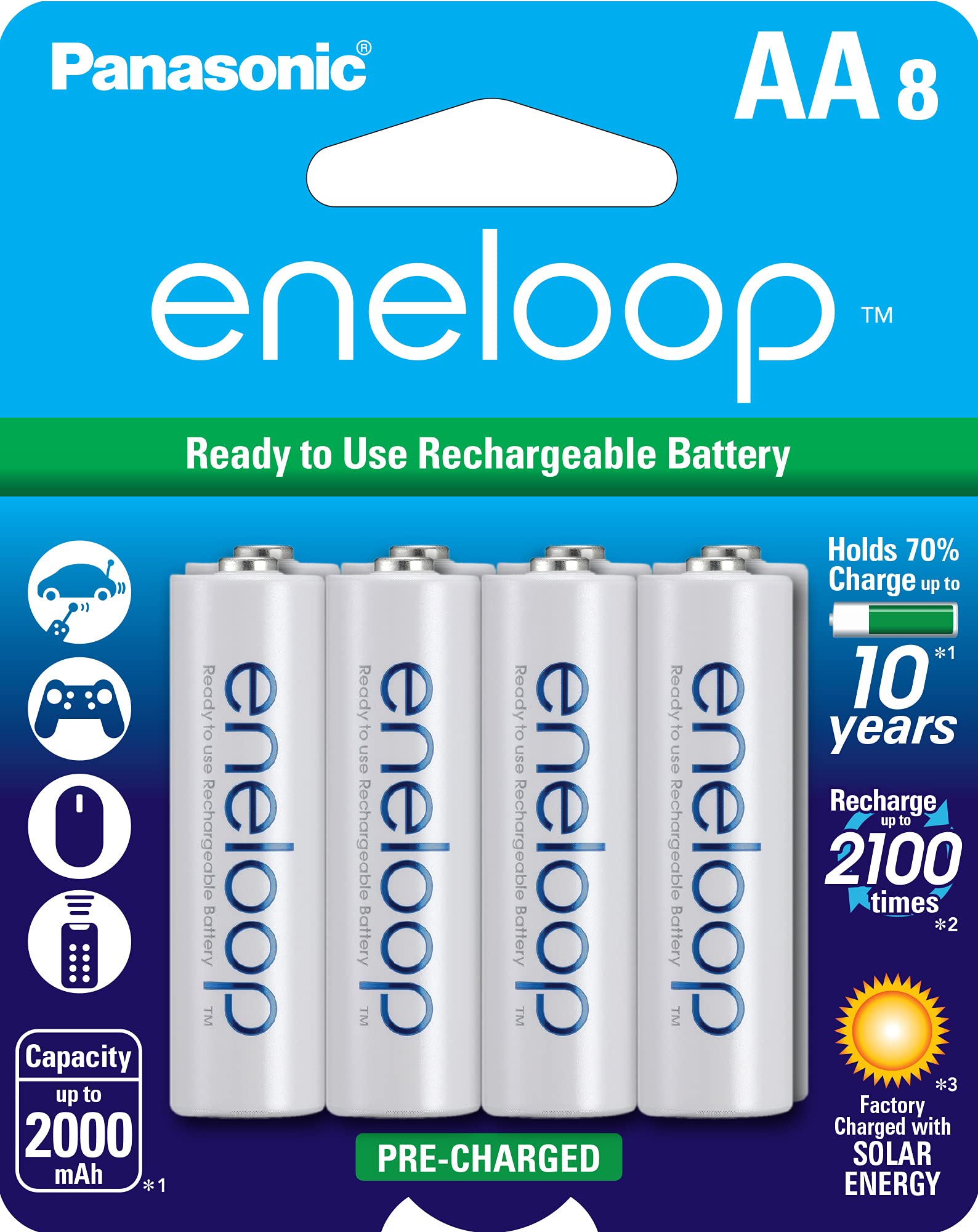 Panasonic "Advanced" eneloop Individual Battery 3 Hour Quick Charger with 4 LED Charge Indicator Lights, White & BK-3MCCA8BA eneloop AA 2100 Cycle Ni-MH Pre-Charged Rechargeable Batteries, 8 Pack