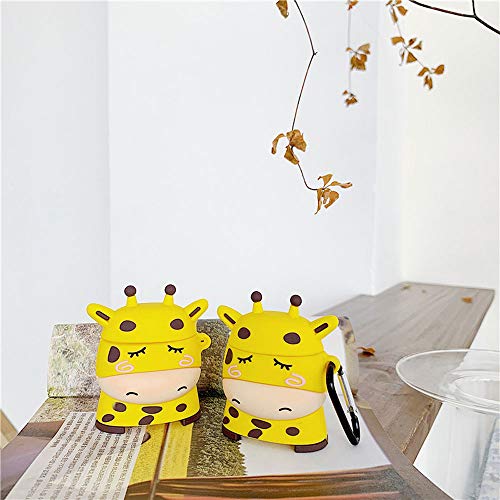 TOUBN Wireless Charging Earphone Case, Cute Cartoon Giraffe Design Soft Silicone Full Body Protective Cover for Airpods 1 & 2, Airpods Protector with Hook (Giraffe)