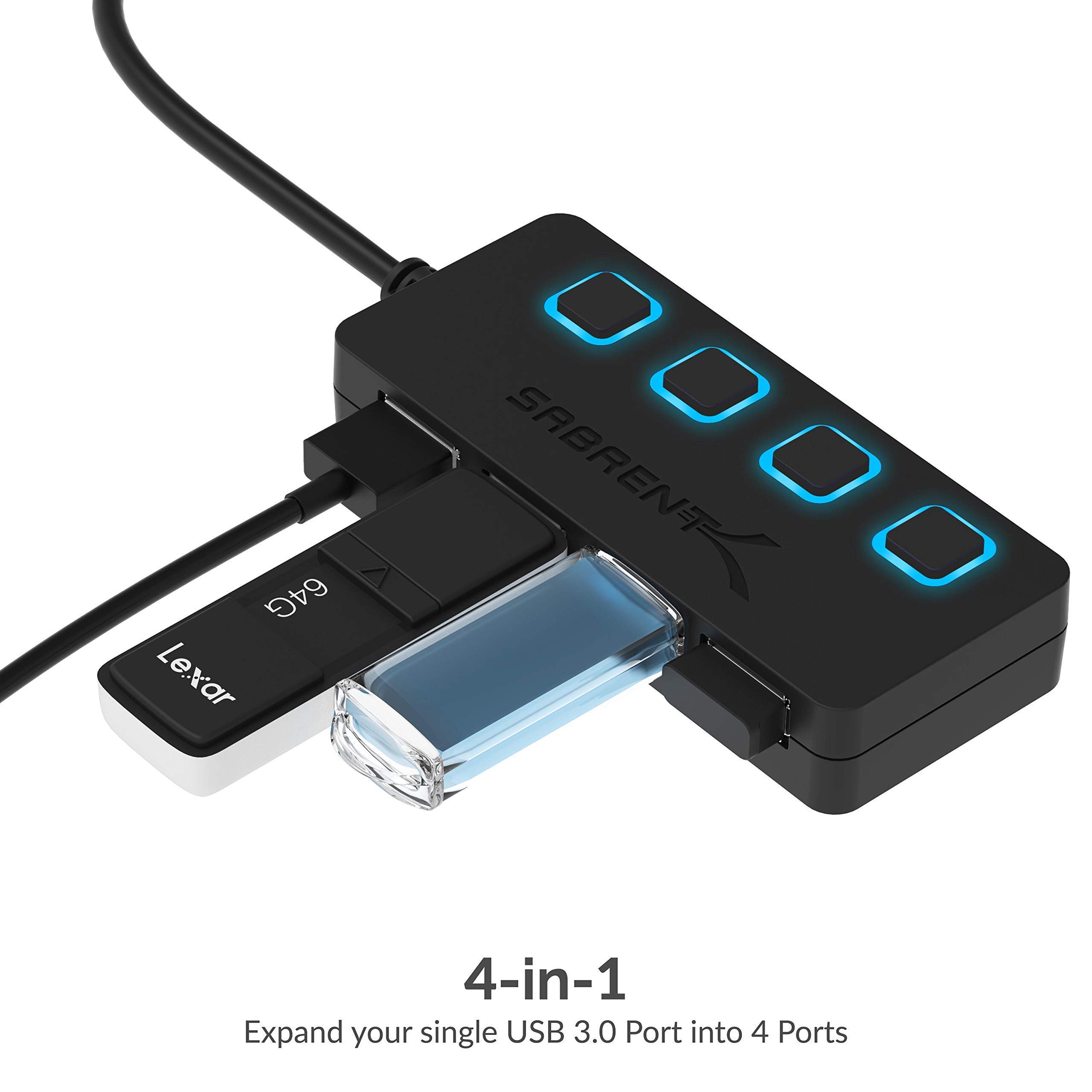 SABRENT 10 Ft 22AWG USB 3.0 Extension Cable - A-Male to A-Female in Black + 4-Port USB 3.0 Hub