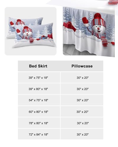 AMZRicher Winter Snowman Wrap Around Pleated Bed Skirts for Twin XL Bed 39x80, Decorative Dust Ruffle Bed Sheet & Bedskirt 18'' Drop Bedspread with Pillow Case 20x30 Christmas Forest Snowy Tree