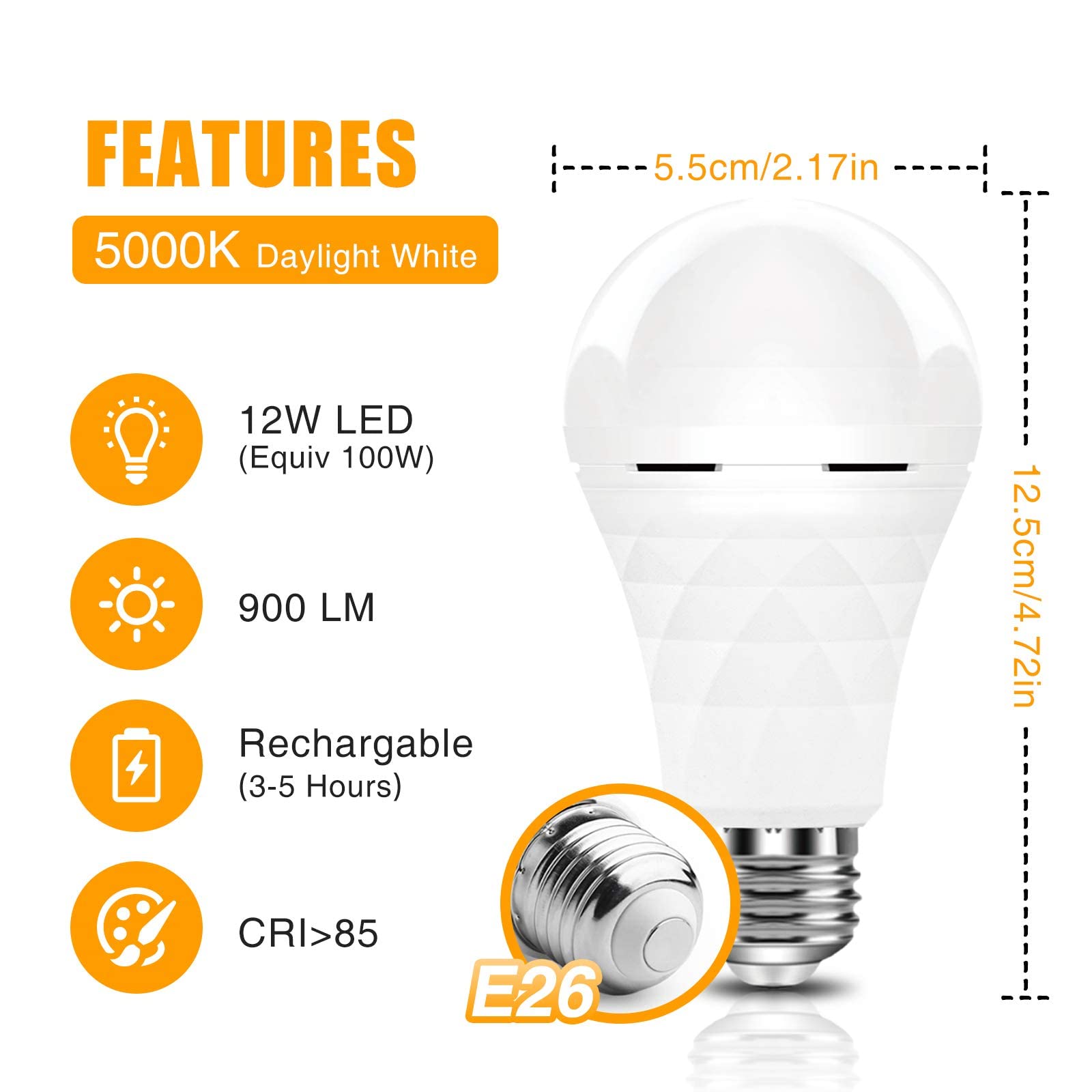 A19 Rechargeable Light Bulbs, Emergency Light Bulbs for Power Failure, LED Bulb 80 Watt Equivalent,12W 5000K Daylight 1200mAh Battery Backup Light Bulb E26/E27 with Hook for Daily and Emergency Use.