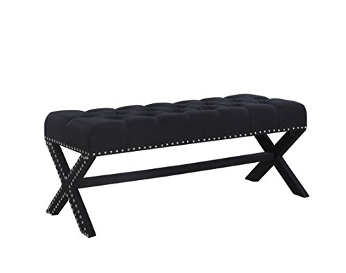 Iconic Home Dalit Updated Neo Traditional Polished Nailhead Tufted Linen X Bench, Black