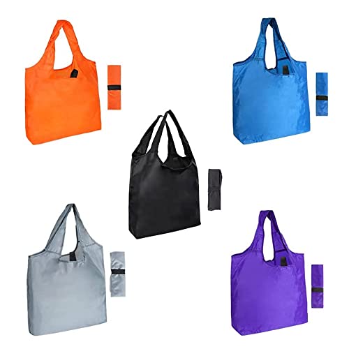 Aricsen 5 Pack 15x4.5x15 Inch Mixed Color Reusable Grocery Bags with Handles Bulk Heavy Duty, Shopping Foldable Kitchen Bags Large Machine Washable for Pocket Lightweight Nylon Polyester Cloth