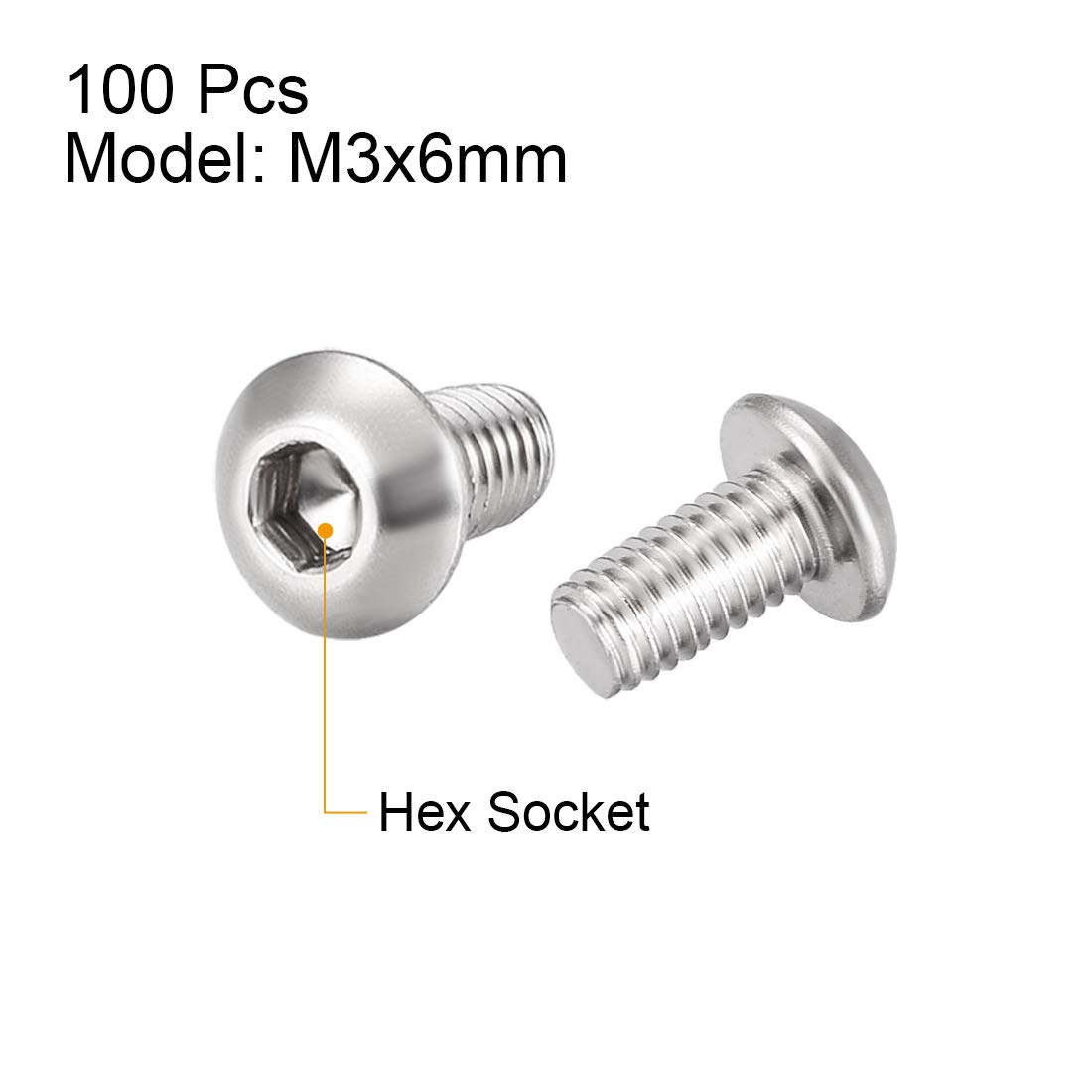 uxcell M3x6mm Machine Screws Hex Socket Round Head Screw 304 Stainless Steel Fasteners Bolts 100pcs