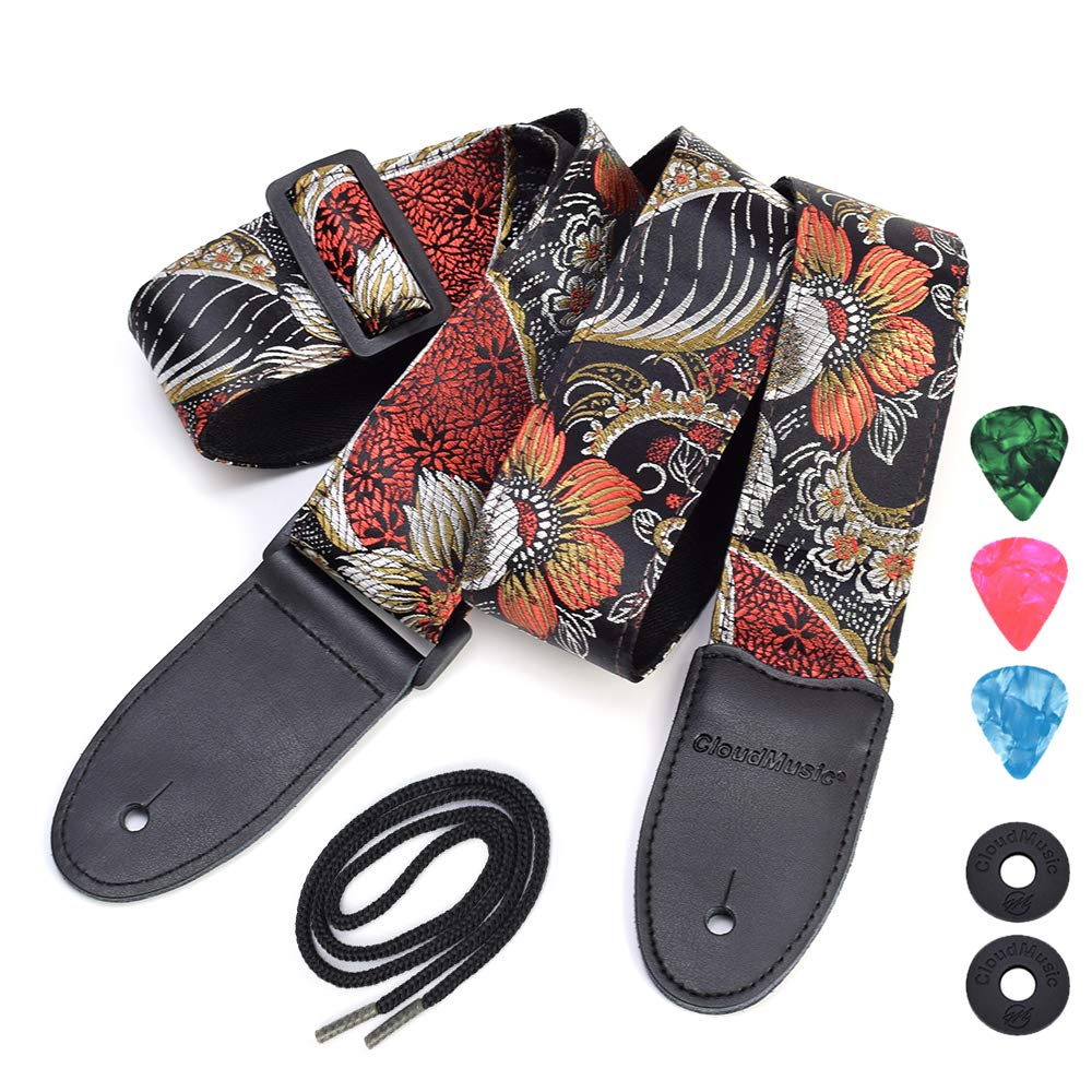 CLOUDMUSIC Guitar Strap For Acoustic Electric Embroidered Jacquard Vintage Floral Patterns(Flowers In Black)