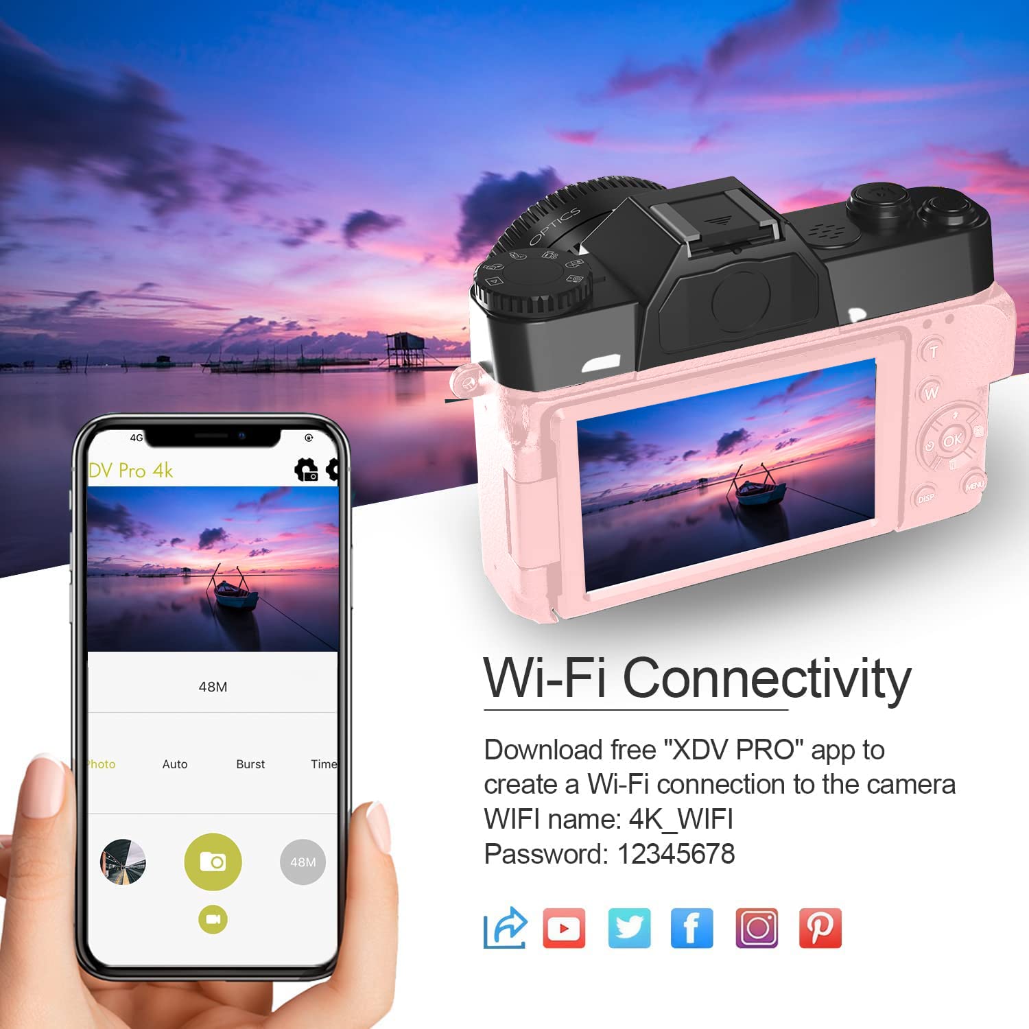 Acuvar 4K 48MP Digital Camera for Photography, Vlogging Camera for YouTube with 3.0’’ 180° Flip Screen, WiFi, 16X Digital Zoom, Wide Angle & Macro Lens, Rechargeable Battery, 64GB Micro SD Card Pink