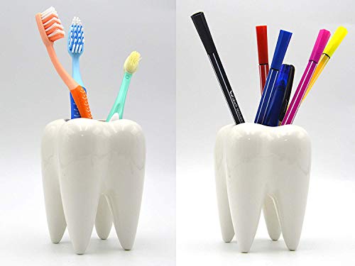 MONMOB Ceramic Tooth Shaped Pen Pencil Toothbrush Holder Pot Succulent Plant Pot Home Office School Dentists Gift (3.9")