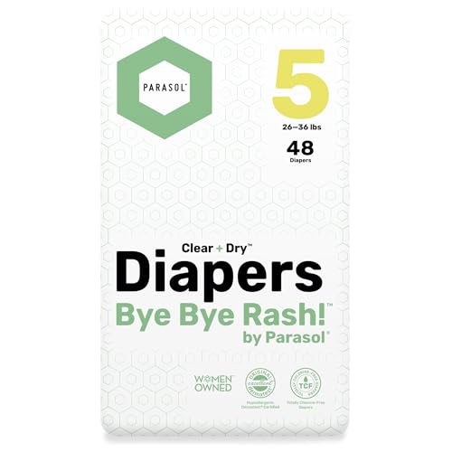 PARASOL Clear+Dry Disposable Diapers | RashShield Protection, Leakproof Design, Hypoallergenic Diaper Set | Size 5 (26+ lbs.) 48 Count