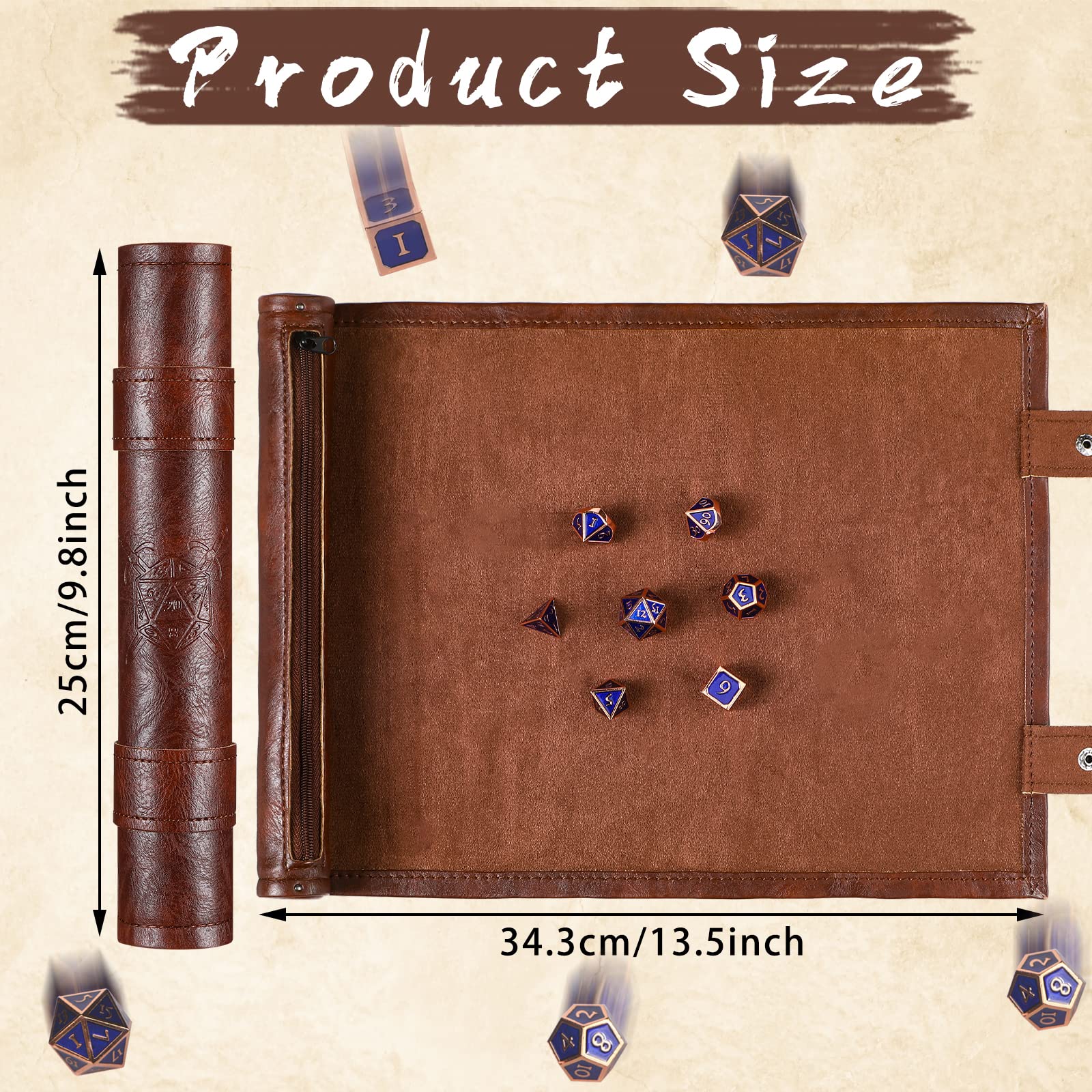 Civaner Dice Mat Tray Rolling Mat with Zipper PU Leather Folding Scroll Dice Bag Dice Holder Dice Table Christmas Game Accessories(Brown, Black)