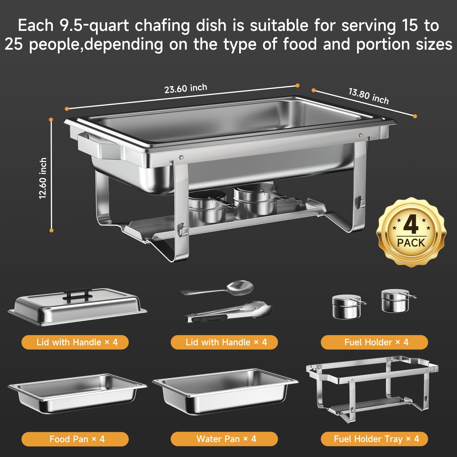KScocina Chafing Dish Buffet Set, 4 Pack 9.5QT Chafing Dish High Grade Stainless Steel Chafer Complete Set, Gray Handle, Kitchen and Dining Utensils (Silver, 4)