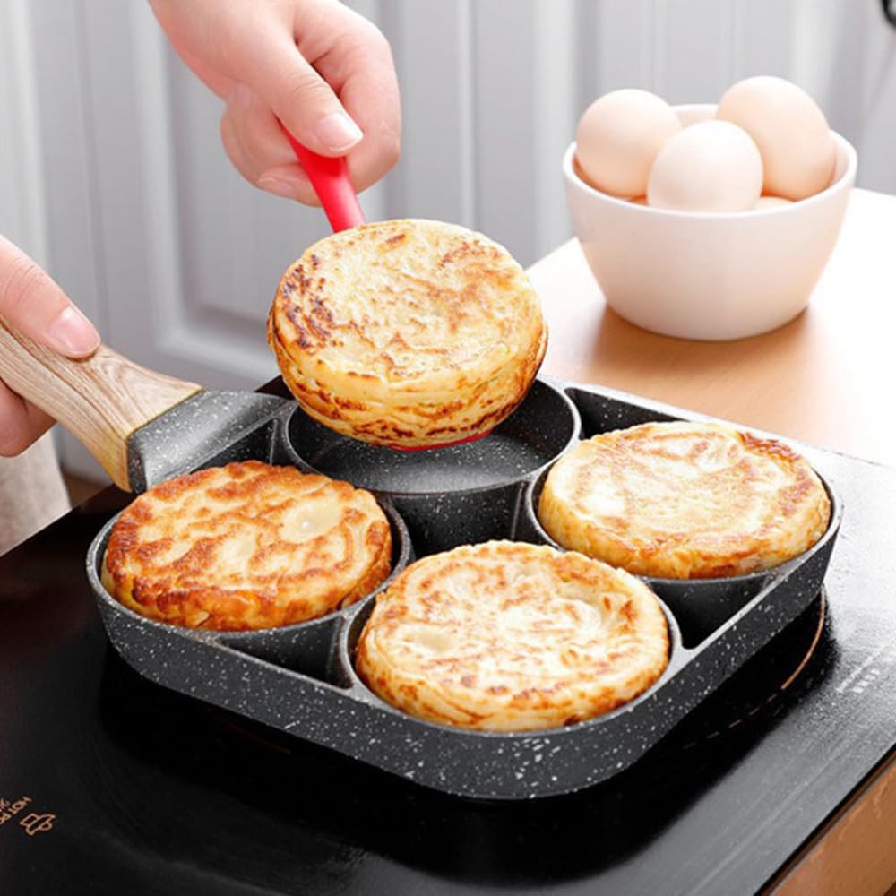 Unoschrim 4-Cup Frying Pan, Aluminium Nonstick Egg Frying Pan with Bakelite Handles, Multifunctional Breakfast Pot for Cooking Pancake, Vegetable Patties or Burger, All Stoves Compatible, Easy Clean