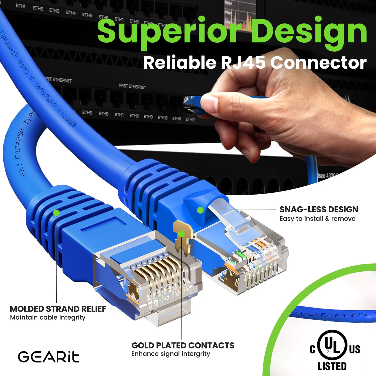 GearIT Cat 6 Ethernet Cable (10-Pack 10 Feet) Cat6 Network Patch, 10Gbps, RJ45, Snagless Cord, Gold-Plated Connectors, Internet for PC, TV, Tablet, Router, Printer, Servers, IT Data Center - Blue