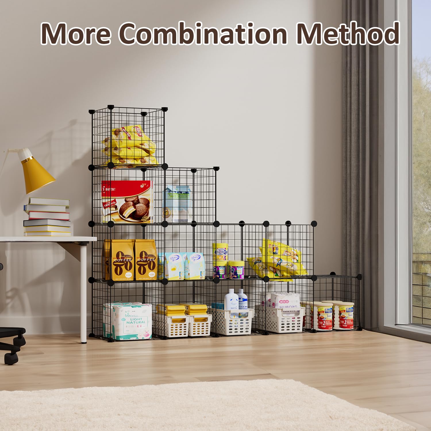 Almaybe Cube Storage Organizer, 6 Cubes Stackable DIY Metal Wire Cube Storage Shelf for Closet Organizers and Storage, Bookshelf Storage Cubes for Bedroom Living Room Office - 11.8"× 11.8" 25Pcs Black