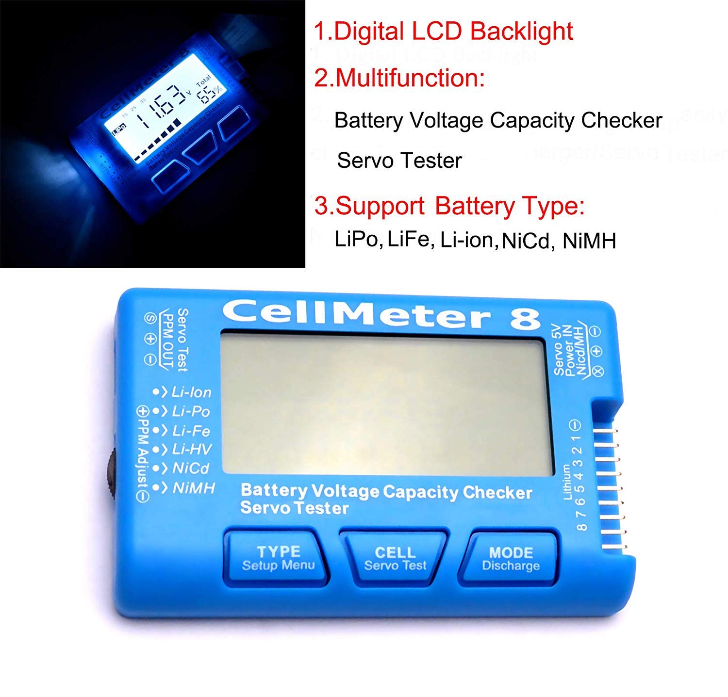 SoloGood RC CellMeter 8 Digital Battery Capacity Checker Battery Voltage Tester LCD Backlight for LiPo Life Li-ion NiMH Nicd Cell Meter Battery Checker