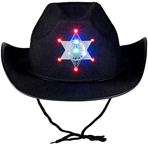 Black Sheriff Hat for Kids Boys and Girls - Light Up Cowboy Hat with Sheriff Blinking Badge and Draw String for Dress-Up and Play Costume Parties