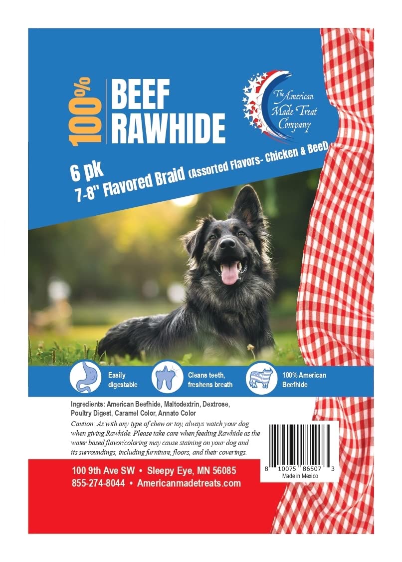 American Made Treat Co - Dog Treats, Beefhide Braids - Chicken and Beef Assorted Flavors Rawhide Chews for Dental Health & Protein - 7-8" - 6 Pack