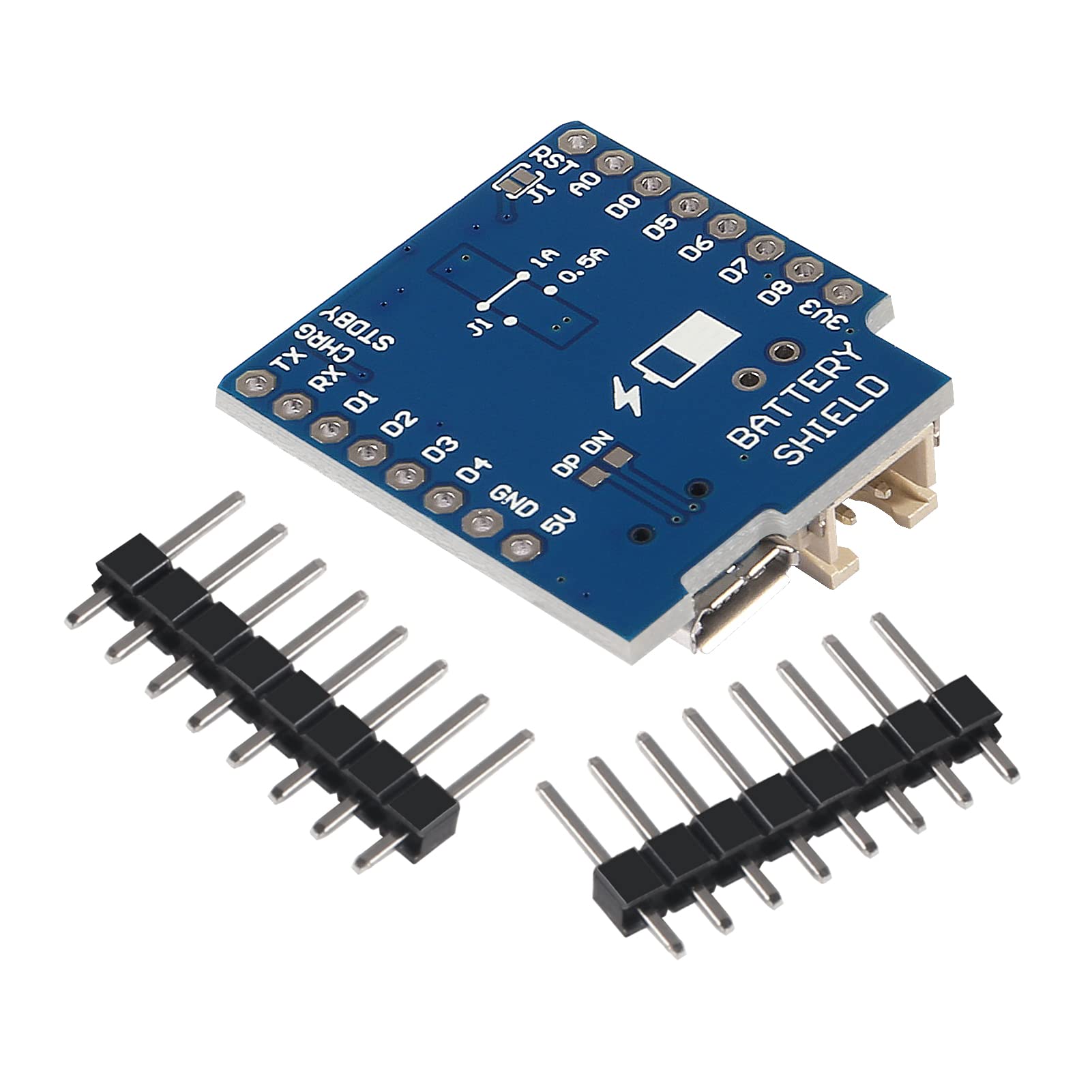 6pcs for Wemos D1 Mini Battery Shield Micro USB Single Lithium Battery Charging Boost Module with Pins LED Indicator 5V 1A DC for WeMos D1 Mini Single Lithium Battery Charging & Boost