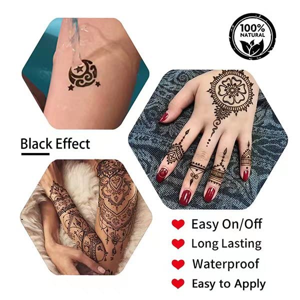 Temporary Tattoo kit,4Pcs Tattoo Cones,100% Natural Ready to Use Black Tattoo Paste, India Body DIY Art Painting for Women Men Kids with 20 Adhesive Stencils, 1 Bottle, 4Nozzles