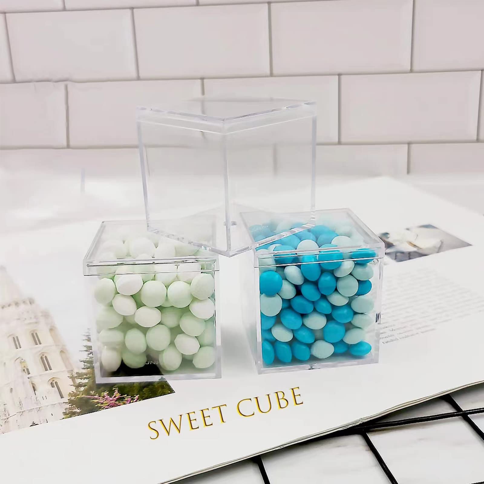 ALMOXVYE 15 Pieces Clear Acrylic Square Cube Boxes, 3 x 3 x 3 lnch Mini Acrylic Box with Lid, Small Plastic Candy Cubes for Jewelry, Coins, Beads, Craft Supplies, Pills Herbs, Sewing