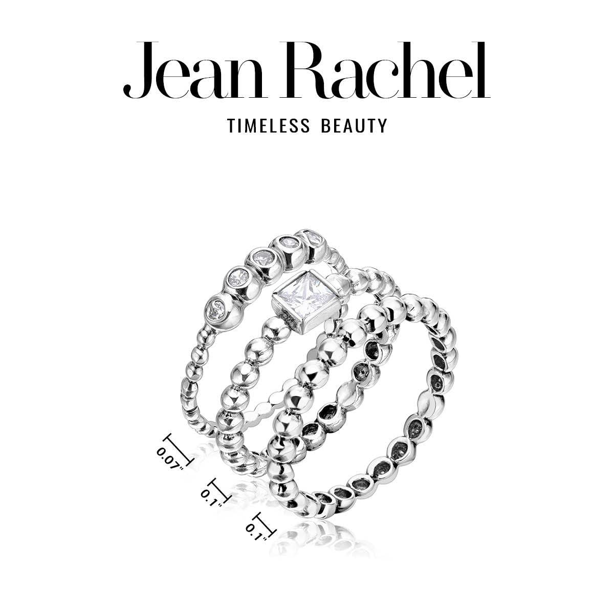 925 Sterling Silver Stack Ring With 1 White Square 5 White Round Cubic Zirconia 3-Set Rings Stackable Hypoallergenic Nickel and Lead-free Artisan Handcrafted Designer collection, Made In Israel