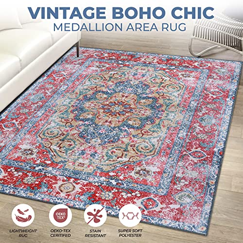Superior Indoor Large Area Rug, Non-Slip Backing, for Kids or Pets, Entryway, Living Room, Kitchen, Dorm, Bedroom, Hallway, Machine Washable, Floor Cover, Rustic, Tanager Collection, 10' x 14', Red