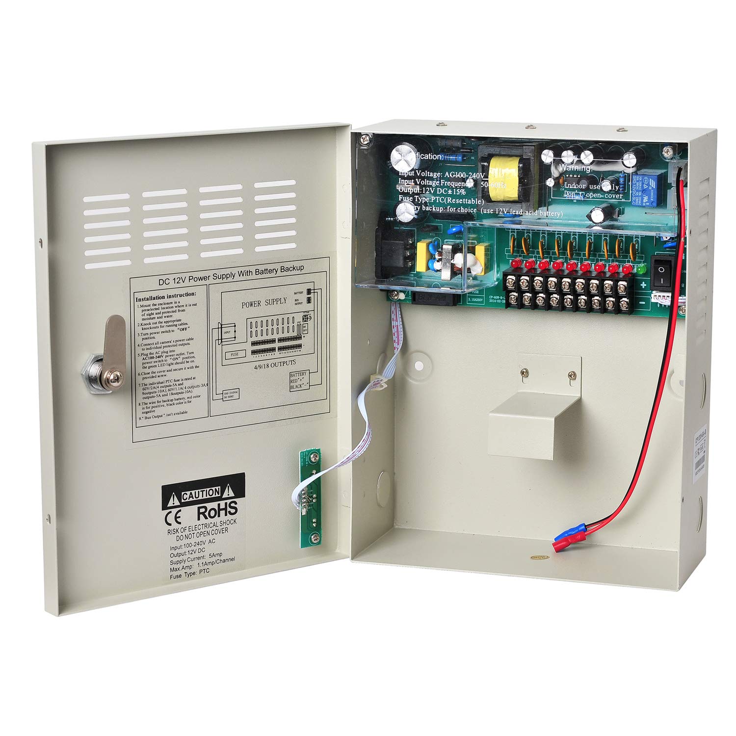 EVERSECU 9 Channel 12V 5Amp DC Metal Boxed Cabinet Regulated UPS Power Supply Unit with Backup Battery Link for Burglar Alarms CCTV Cameras PTZ Access Control (Battery Not Included)