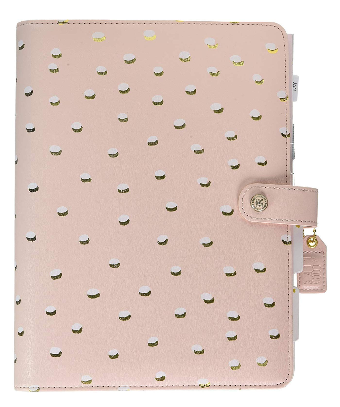 A5 PU Leather Notebook Binder Cover Kit by Webster's Pages, Refillable 6 Ring Planner with Inserts, Small Business or Budget Organizer - Blush Dot 1.5 Inch Gold Rings, 7.5 X 10"