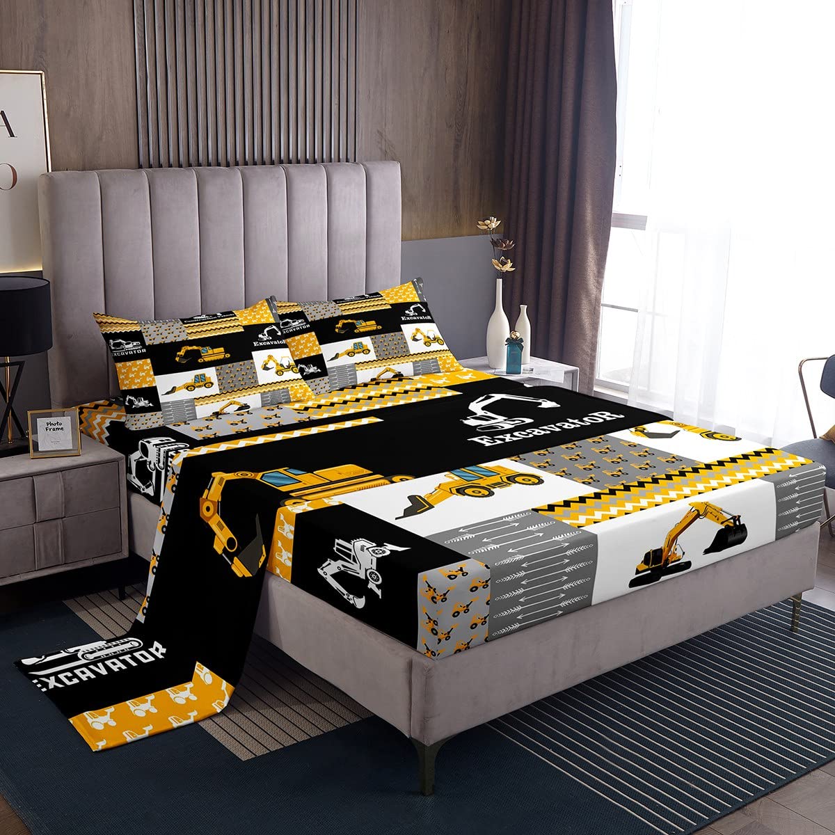 Feelyou Excavator Sheets with Deep Pocket Fitted Sheet Construction Vehicles Sheet Set Equipment Trucks Bed Sheets Set for Kids Boys Girls Cartoon Car Bedding Set Geometric Lattice Bed Set Queen Size
