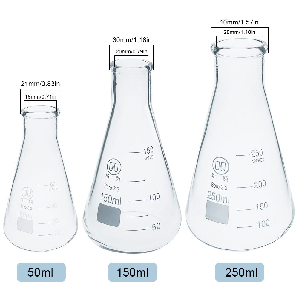 ADAMAS-BETA 3pcs Erlenmeyer Flask Lab Chemistry Glass Flasks Science Beakers Set 50ml,150ml,250ml Flat Bottom Glassware
