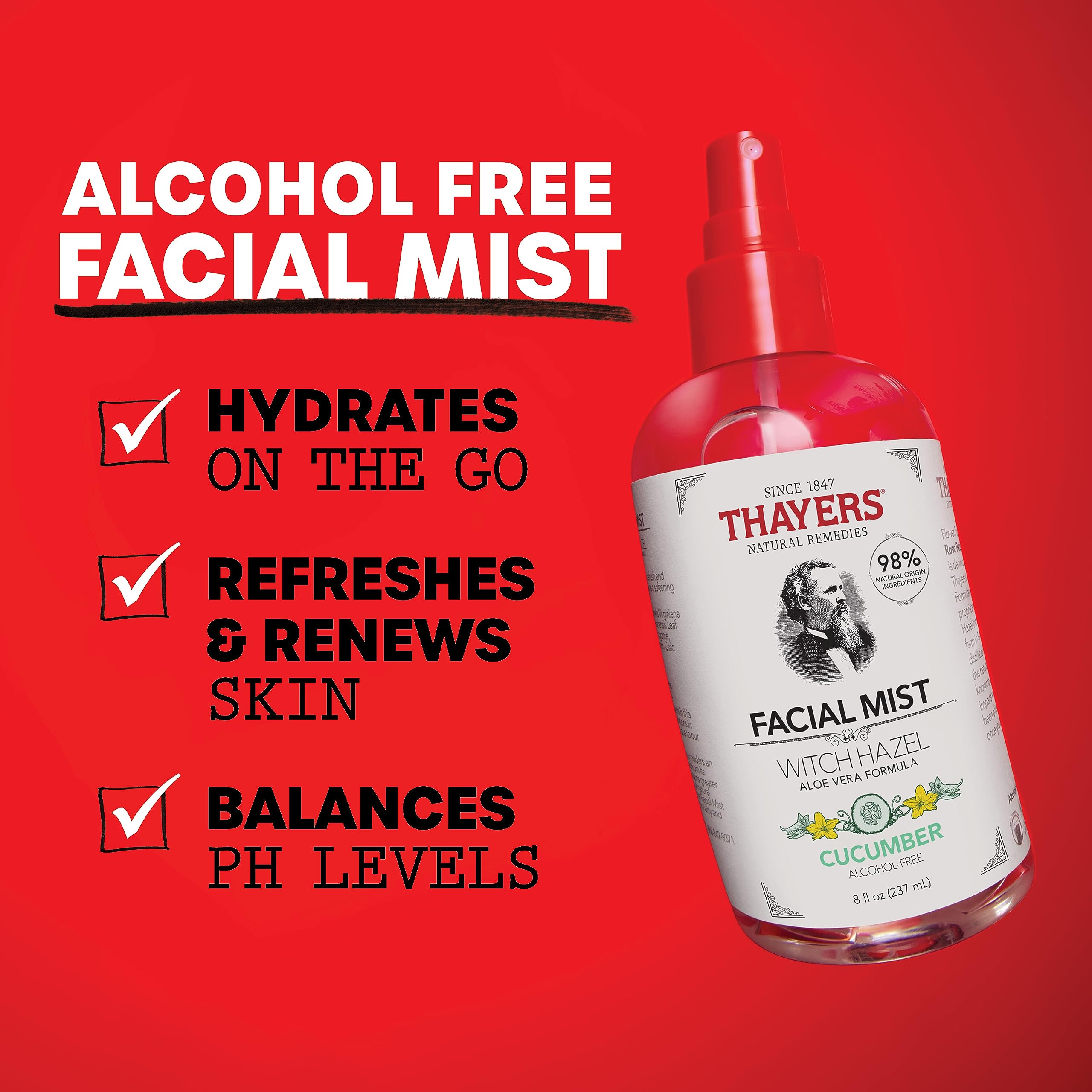 Thayers Alcohol-Free Witch Hazel Facial Mist Toner with Aloe Vera, Cucumber, Soothing and Hydrating, For All Skin Types, 8 oz