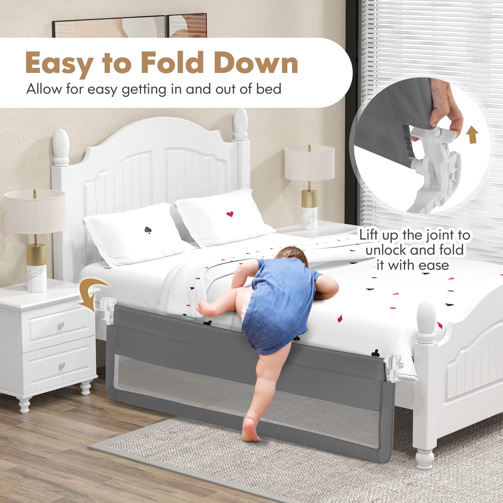 BABY JOY Bed Rails for Toddlers, 71'' Extra Long, Swing Down Bed Guard w/Safety Strap, Folding Baby Bedrail for Kids Twin, Double, Full Size Queen & King Mattress (71-Inch, Gray)
