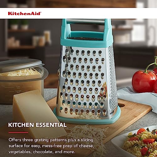 KitchenAid Gourmet 4-Sided Stainless Steel Box Grater with Detachable Storage Container, 10 inches tall, Aqua