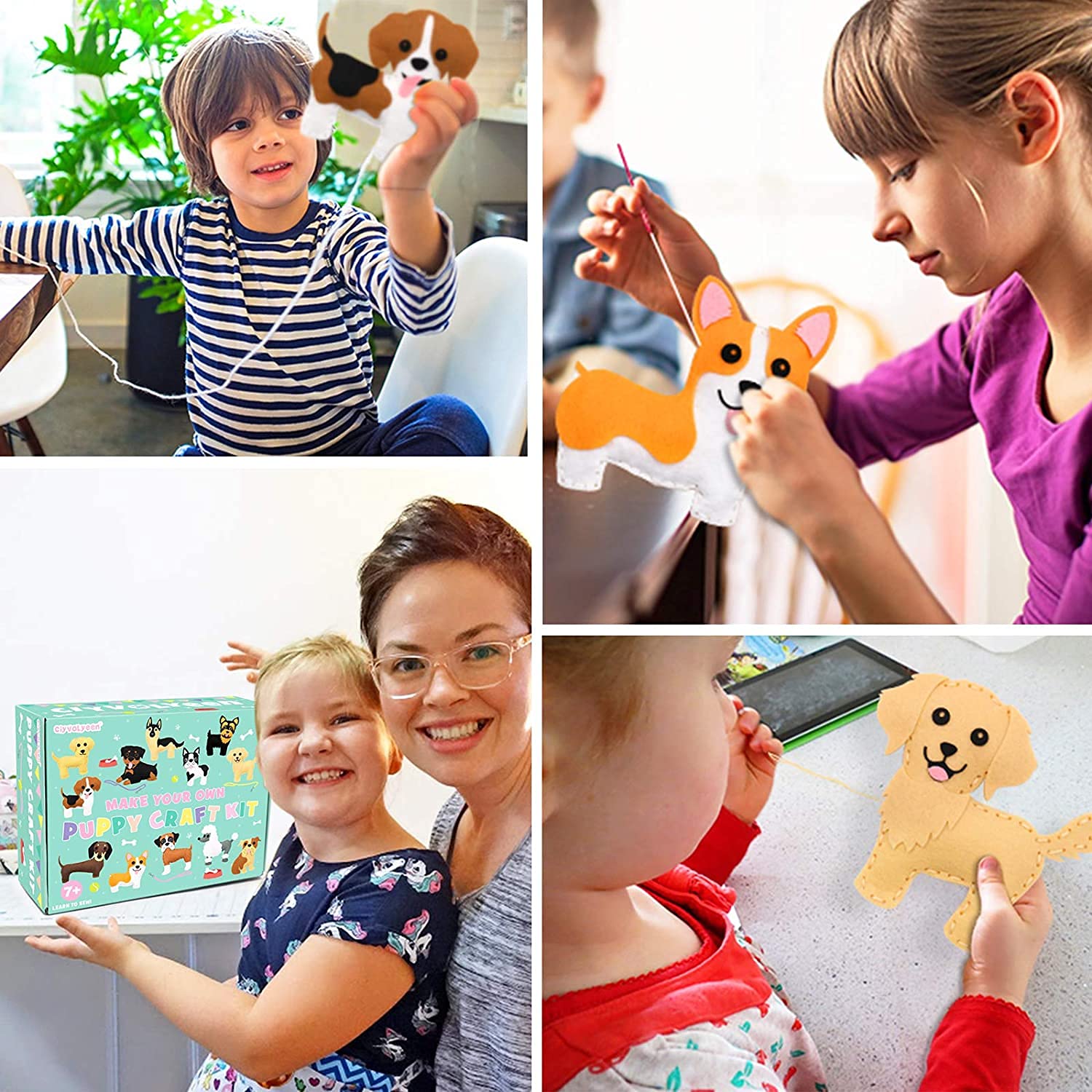 CiyvoLyeen 2 Pack Animals Sewing Craft Kit for Kids- Woodland Animals Felt Sewing Craft Kit & Puppy Craft Kit for Beginners