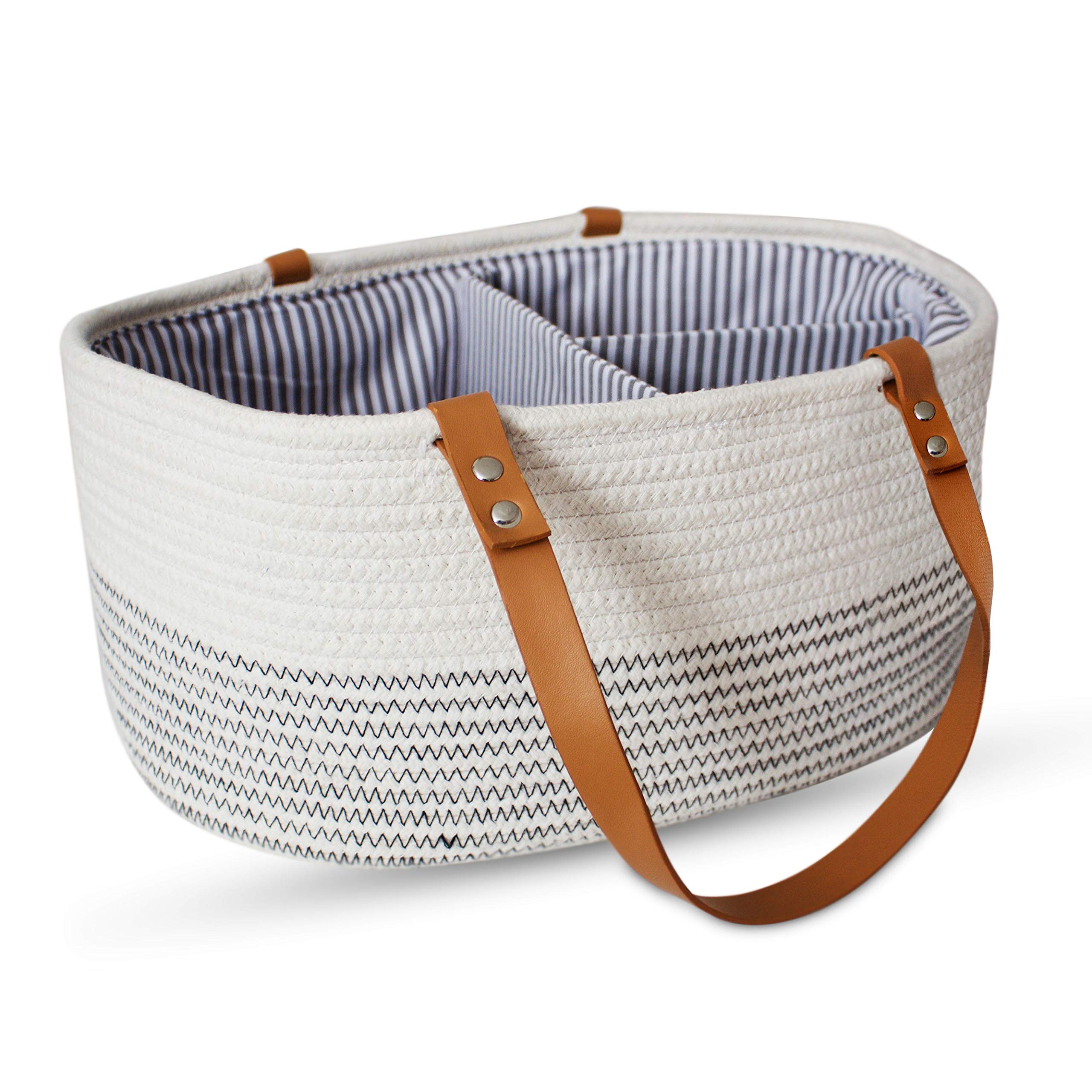 PeachyKehn Rope Baby Diaper Caddy Organizer – Trendy Nursery Storage Bin – Large Woven Cotton Tote with Removable Inserts and Eco Leather Handles – Baby Car Organizer or Shower Gift Basket