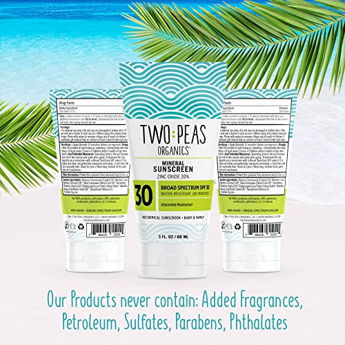 Two Peas Organics - All Natural Organic SPF 30 Sunscreen Lotion - Coral Reef Safe - Baby, Kid & Family Friendly - Chemical Free Mineral Based Formula - Waterproof & Unscented - 3oz (1 Pack)
