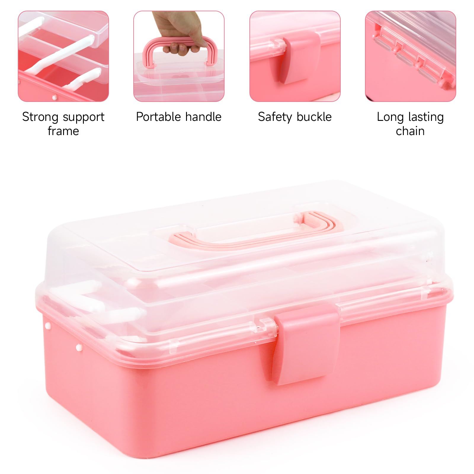 Akamino 2 Pcs Multipurpose Storage Box with Handle,3-layer Plastic Sewing, Art & Craft Case,11 In Portable Locking Tool Container Tackle Box for Cosmetic Medicine Jewelry Hair Accessories(Pink)