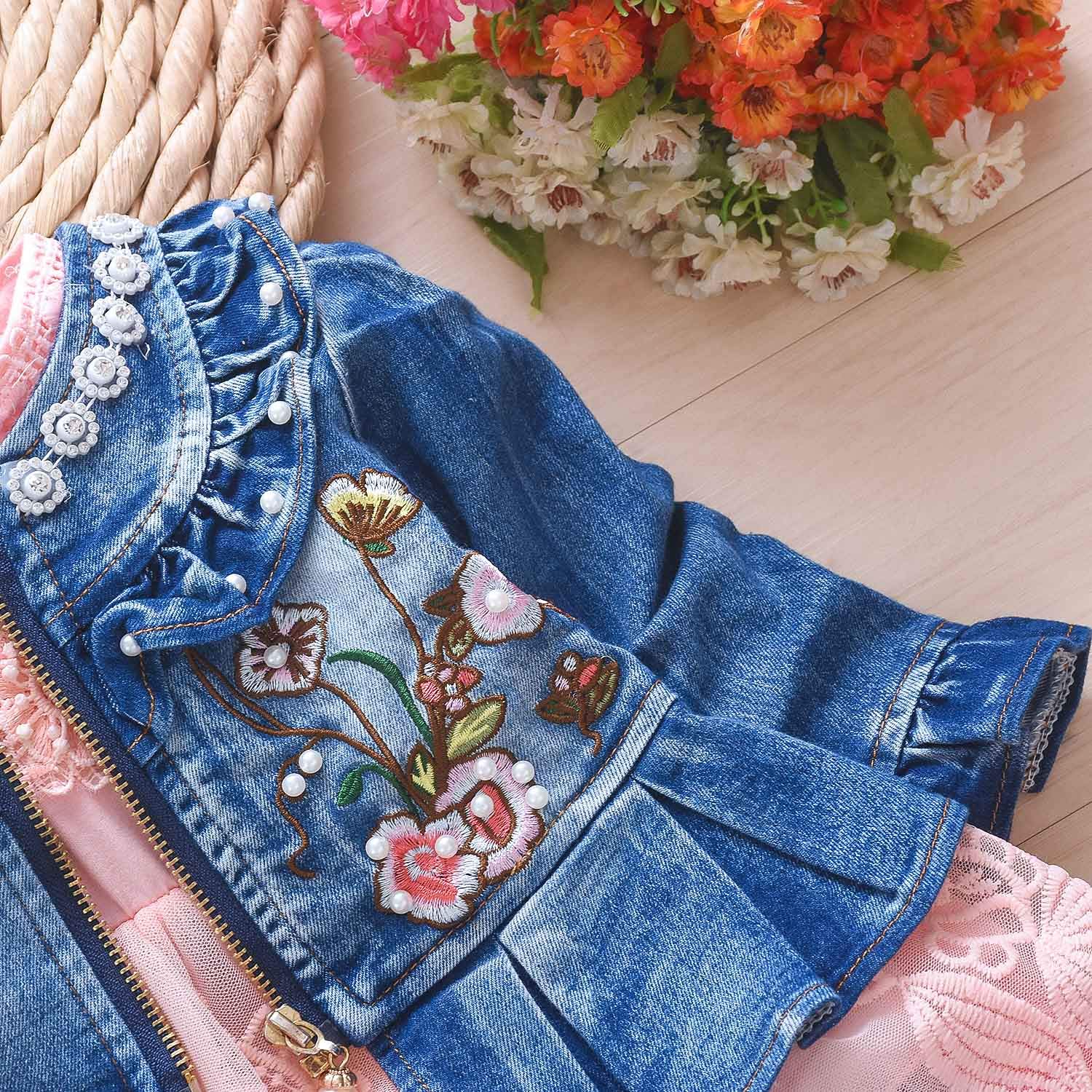 Peacolate 6M-4Years Spring Fall Baby Girls Clothing Set 3pcs Long Sleeve Dress Denim Jacket and Jeans(Pink,6-12Months)