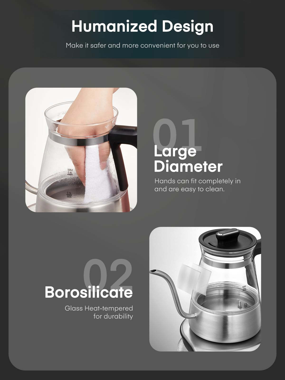 Aiheal Electric Gooseneck Kettle, Glass Electric Tea Kettle with 4 Temperature Control Presets and Keep Warm Function, Pour Over Kettle for Coffee and Tea, Hot Water Boiler, Quick Heating, 1200W/0.8L