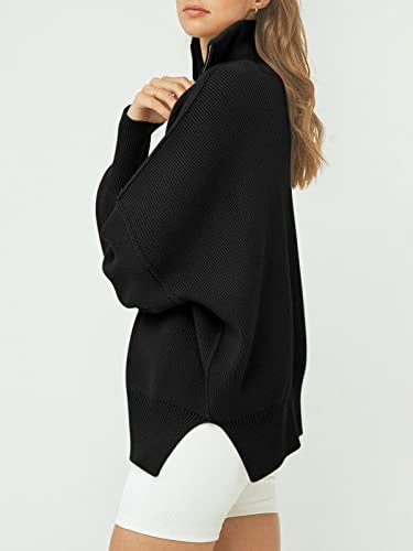 ANRABESS Women's 2023 Fall Oversized Sweater Quarter Zipper Long Sleeve Collar Drop Shoulder Half Zip Casual Slouchy Ribbed Knit Slit Side Sweatshirt Pullover Top 566heise-XS Black