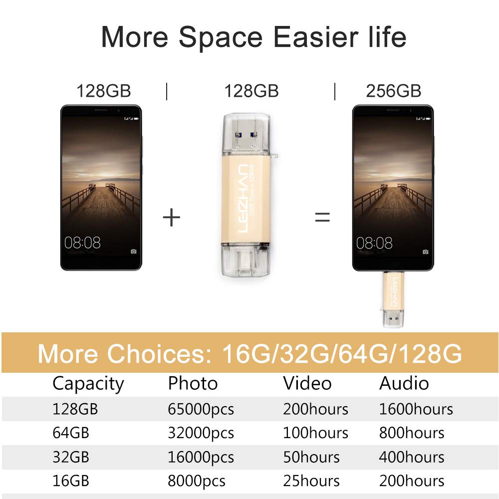 leizhan USB C Flash Drive 128GB, Type-C USB Memory Stick for Samsung Galaxy S10+, S10e, S10,S9, Note 9, S8,Google Pixel XL Thumb Drive, with USB OTG Adapter Micro and Type-C USB to USB Converter
