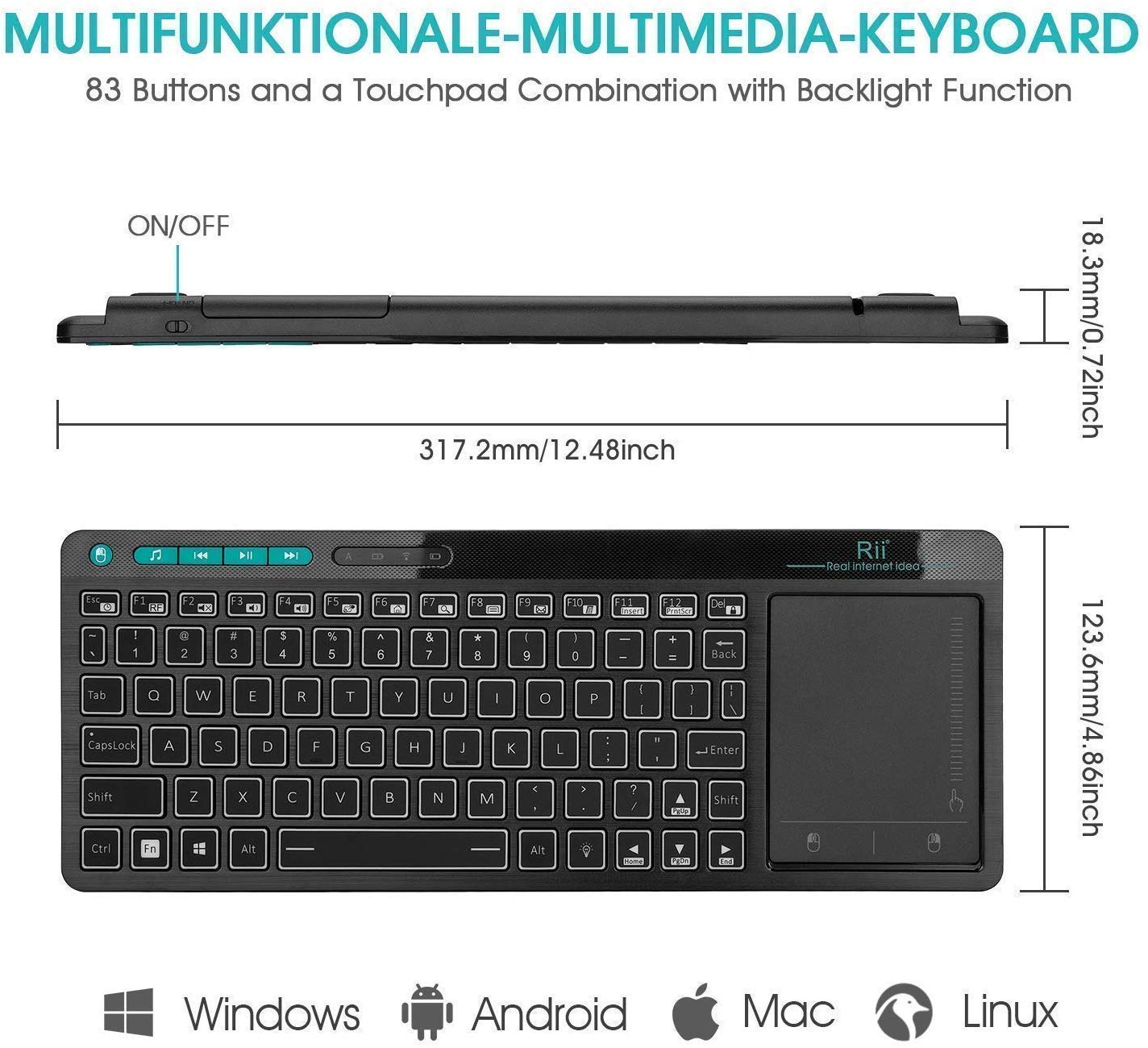 Rii K18 Plus Wireless 3-LED Color Backlit Multimedia Keyboard with Multi-Touch Big Size Trackpad,Rechargable Keyboard for Android TV Box,PC,Smart TV,Xbox,Raspberry Pi, HTPC IPTV,Windows, MacOS (2.4G)