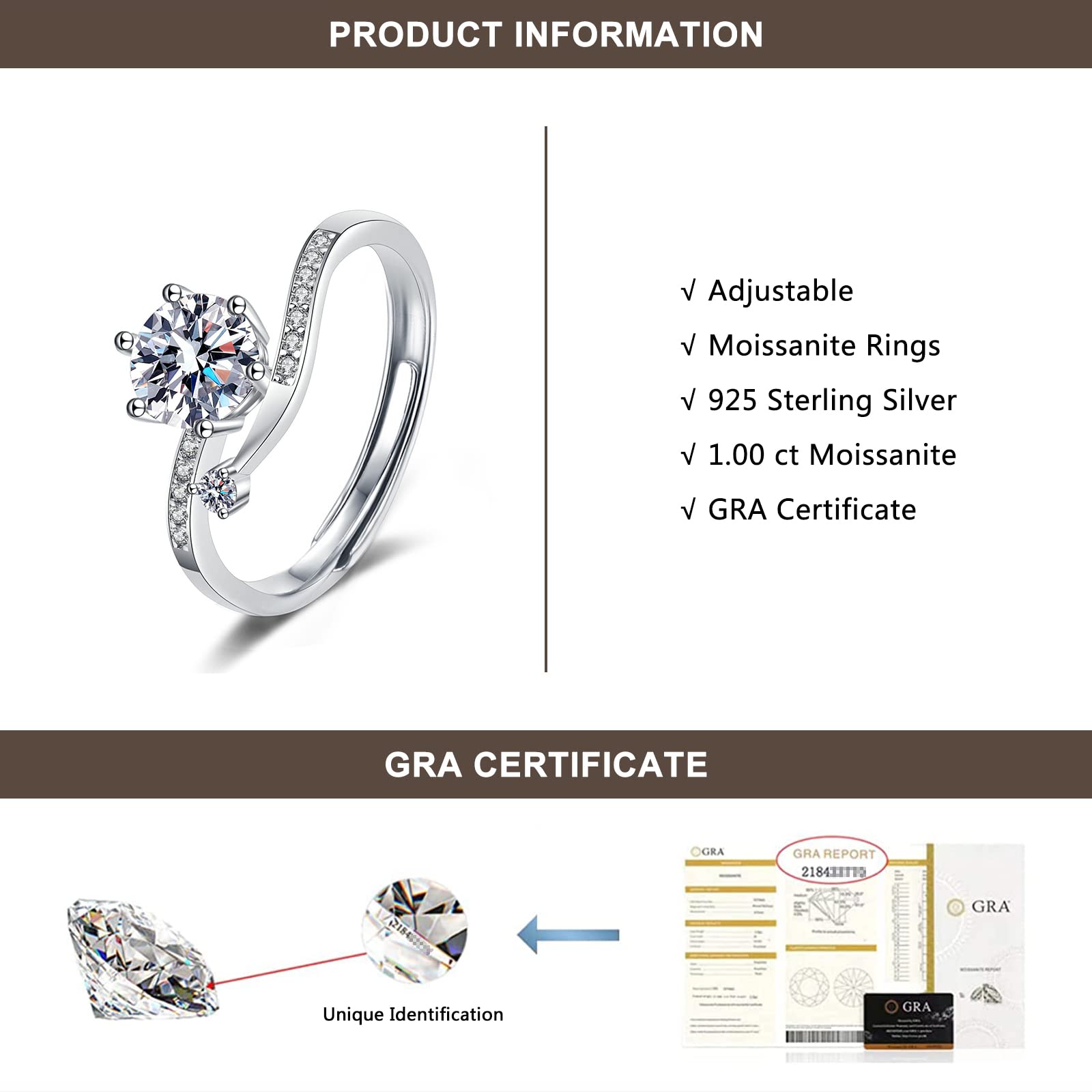 925 Sterling Silver Rings for Women, 1ct Moissanite Rhinestones Open Adjustable Engagement Ring, Rings with GRA Certificate (1 Carat)
