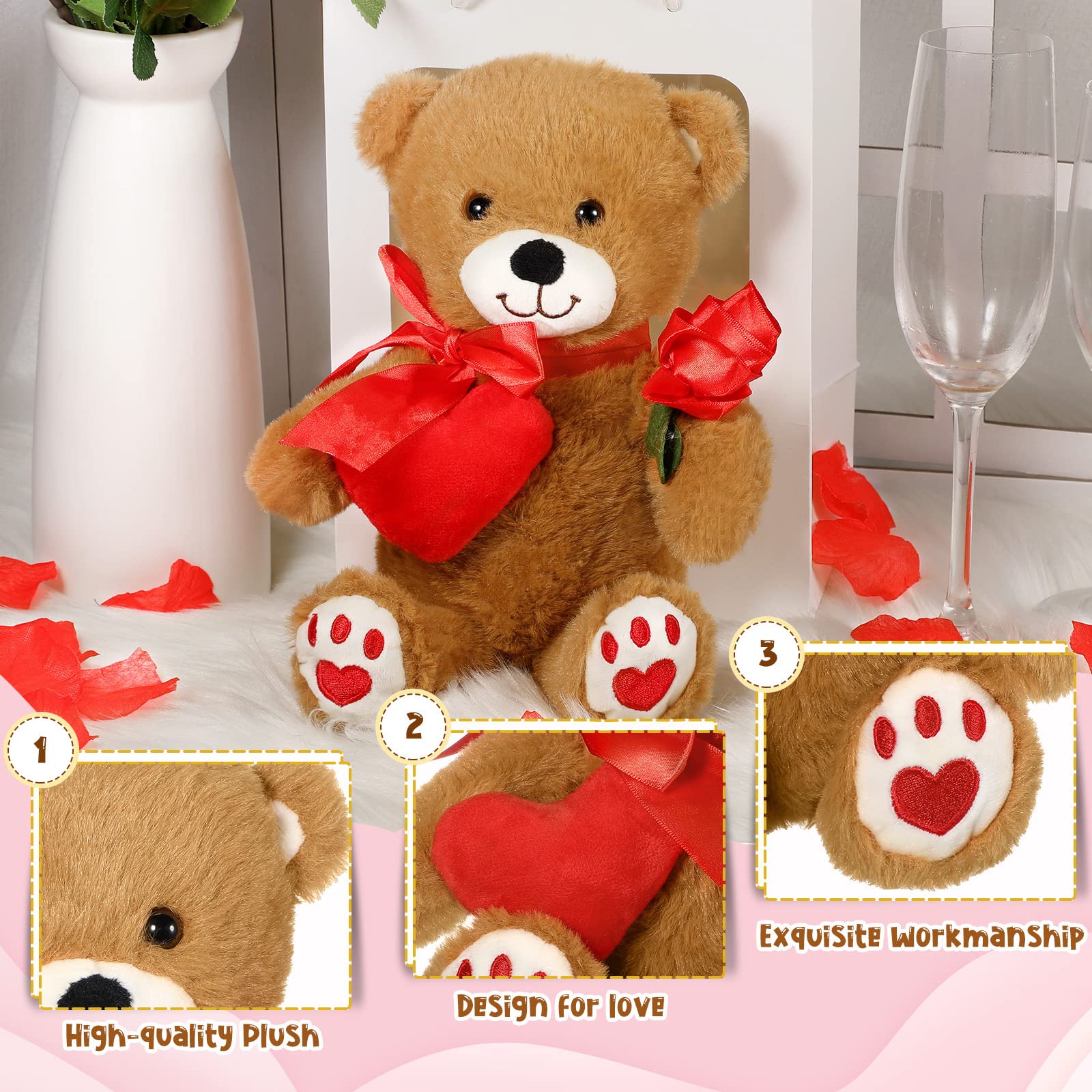 Cute Plush Bear with Rose and Red Heart Soft Plush Bear Stuffed Animal with Gift Bag for Mother's Day Present Lovely Bear for Kids Girlfriend Sofa Car Bedroom Decor, 8 Inches