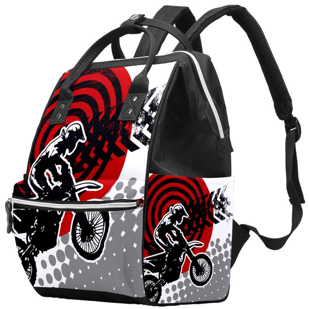 Motocross Rider Dirt Bike with Tire Marks in Monochrome Diaper Tote Bags Mummy Backpack Nappy Bag Nursing Bag for Baby Care