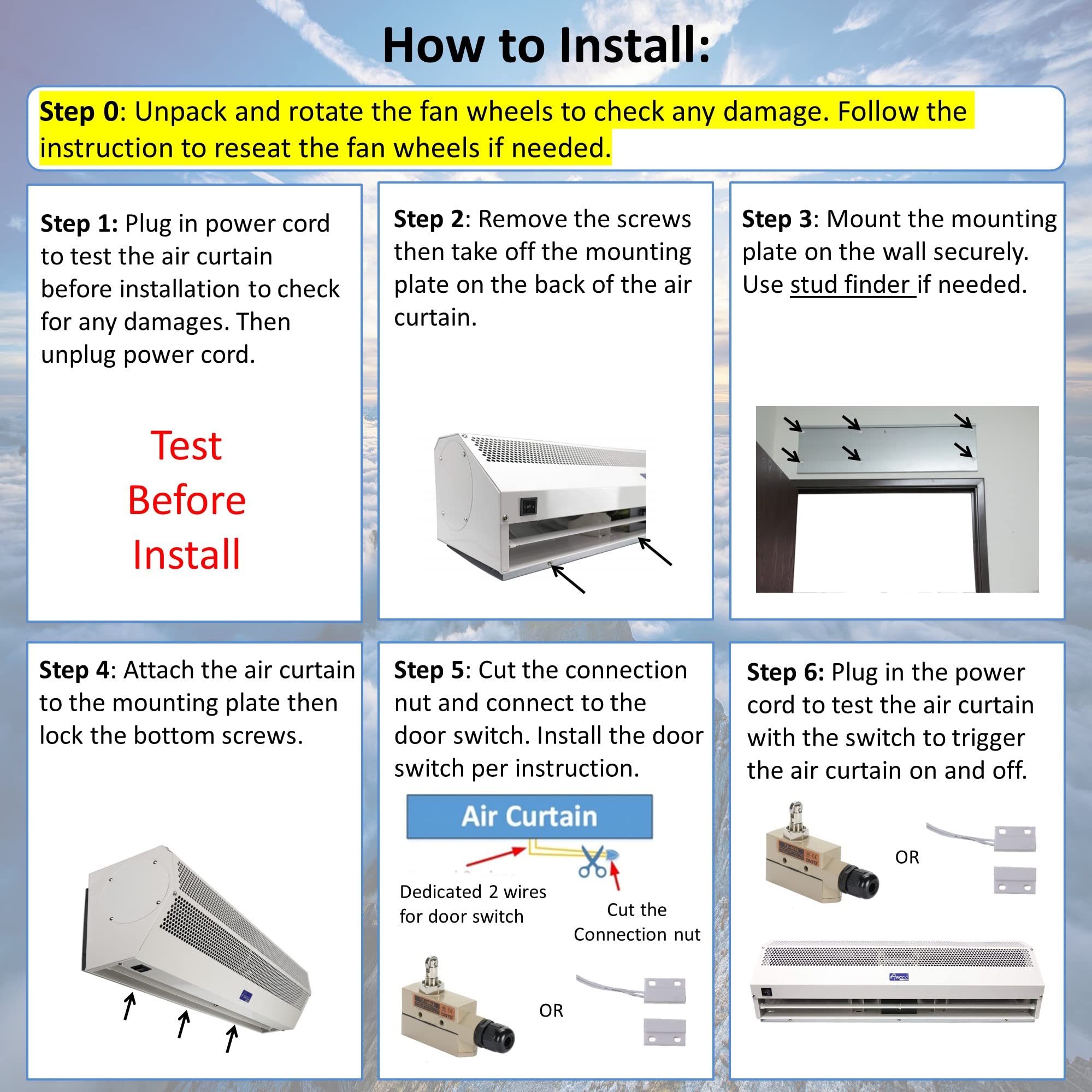 Awoco 36” Super Power 2 Speeds 1200 CFM Commercial Indoor Air Curtain, UL Certified, 120V Unheated with an Easy-Install Magnetic Switch