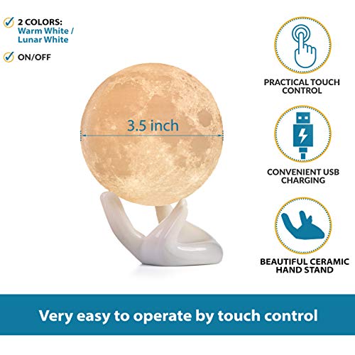 Mind-Glowing Moon Lamp with Ceramic Hand Stand - Warm & Lunar White Colors, Touch Control - Cool Night Light for Living Room, Bedroom - Unique Gift for Women (3.5 inch)