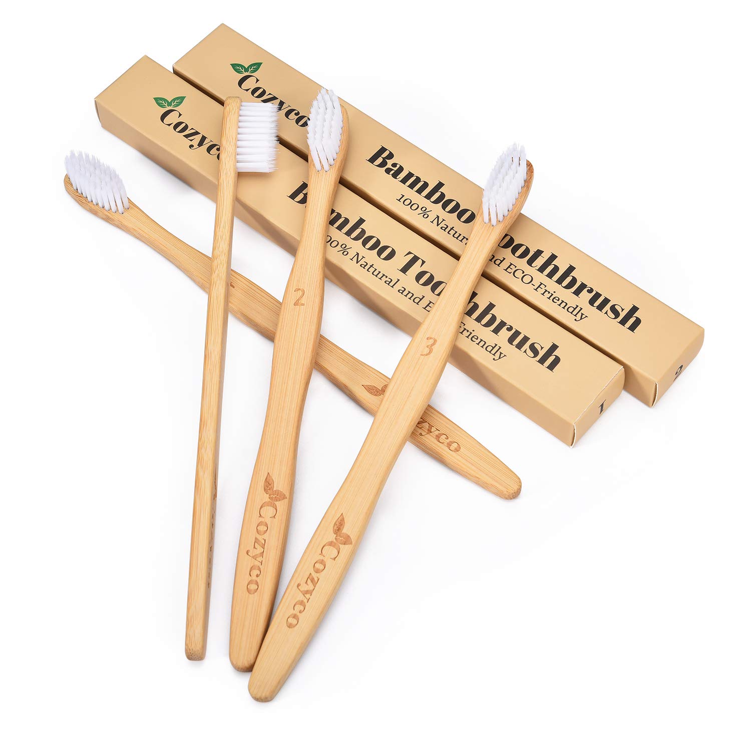 Cozyco Natural Bamboo Toothbrushes, Compostable and Biodegradable Wooden Toothbrush with Soft Nylon Bristles for Sensitive Gums, Vegan and Reusable Toothbrush for Adults and Kids (Pack of 8)